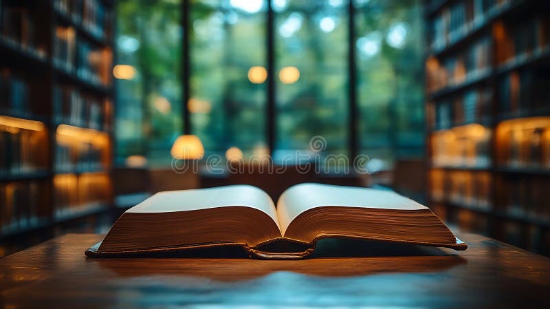 Generative AI Image of Open Book in Luxury Library on Wooden Table with ...