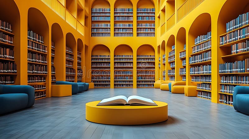 Generative AI Image of Open Book on Table in Luxury Library with Blue ...