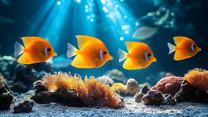 Generative AI Image of Orange Fish in the Deep Sea with Rocks and Coral ...