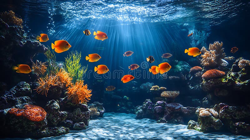 Generative AI Image of Orange Fish in the Deep Sea with Rocks and Coral ...