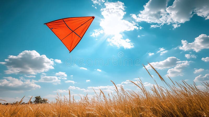 Generative AI Image of Orange Kite Flying Over Field Landscape in ...