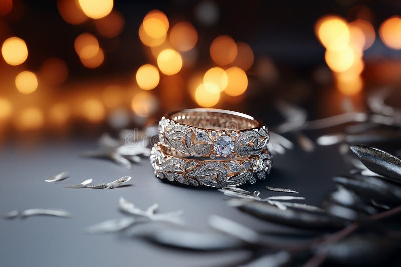 Generative AI Image of a Pair of Silver Wedding Rings with Luxurious Diamond Stock Illustration ...