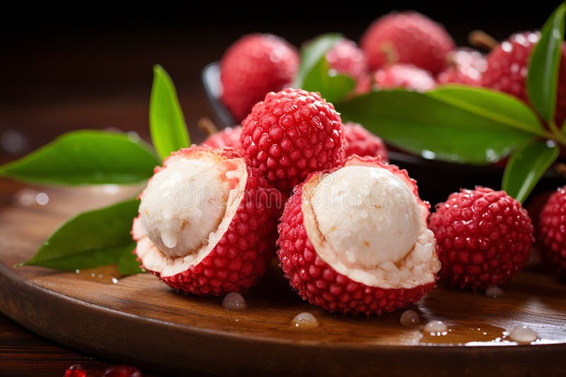 Generative AI Image of Peeled Fruit Lychee on a Wooden Board Stock ...