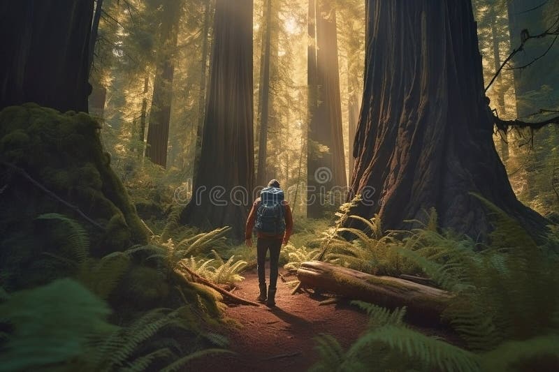 Generative Ai Image of a Person Hiking Though a Redwood Forest Stock ...