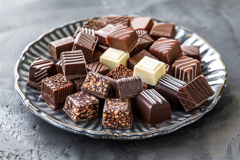 Generative AI Image of Pile of Chocolate Cube Candy in Plate Stock ...