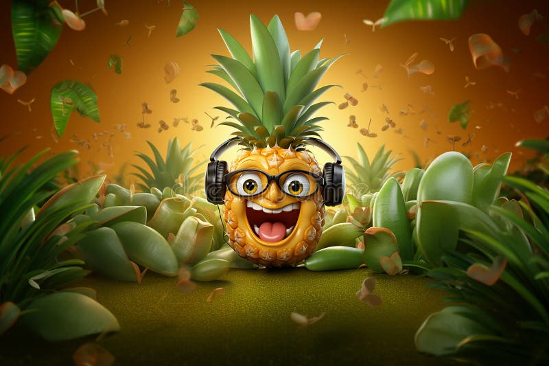 Generative AI Image of Pineapple Fruit Character Wearing Headphone with ...