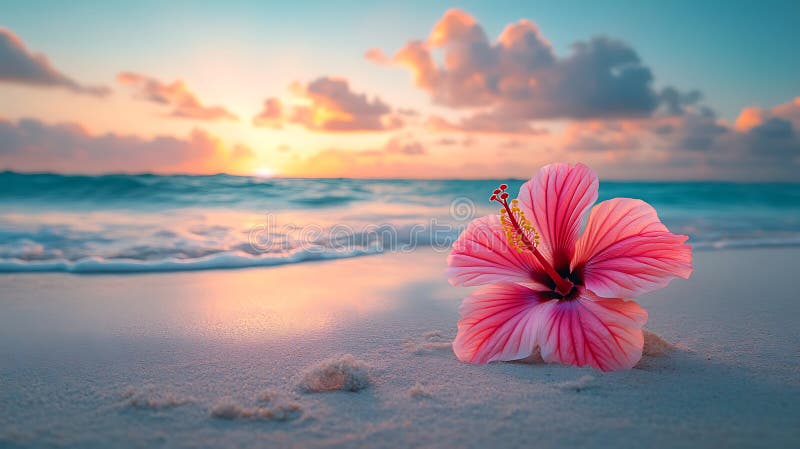 Generative AI Image of Pink Hibiscus Flower with Sand in the Beach at ...