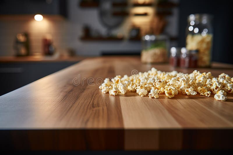 Generative AI Image of Popcorn Snack on Wooden Table in Kitchen Stock ...