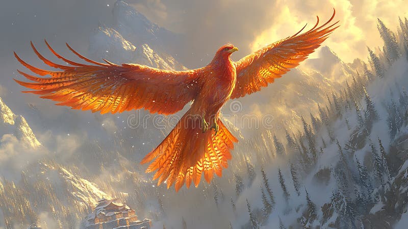 Generative AI Image of Red Phoenix Bird Flying with Snowy Mountain and ...