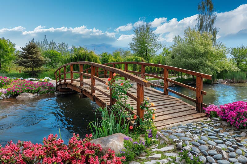 Generative AI Image of River with Wooden Bridge in Garden with ...