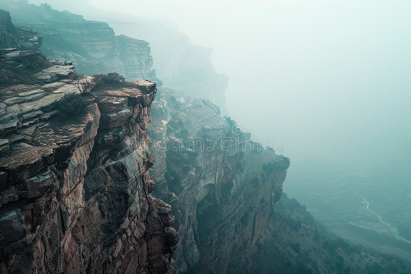 Generative AI Image of Rocky Cliff with Thick Fog Mist in Winter Stock ...