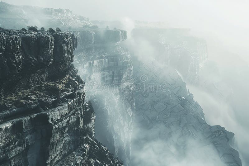 Generative AI Image of Rocky Cliff with Thick White Fog in Winter Stock ...