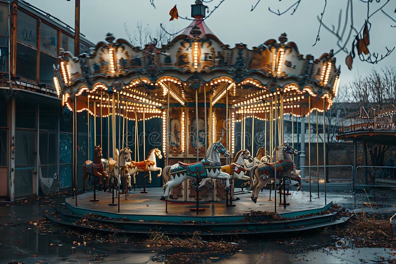 Generative AI Image of Rusty Old Broken Carousel at Abandoned Amusement ...