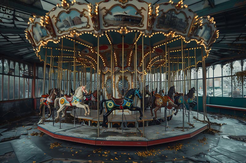 Generative AI Image of Rusty Old Broken Carousel at Abandoned Amusement Park Wallpaper Stock ...