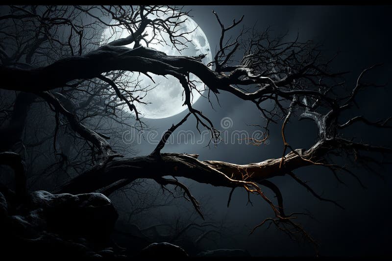 Generative AI Image of Scary Tree Branches with Full Moon in the Sky at ...