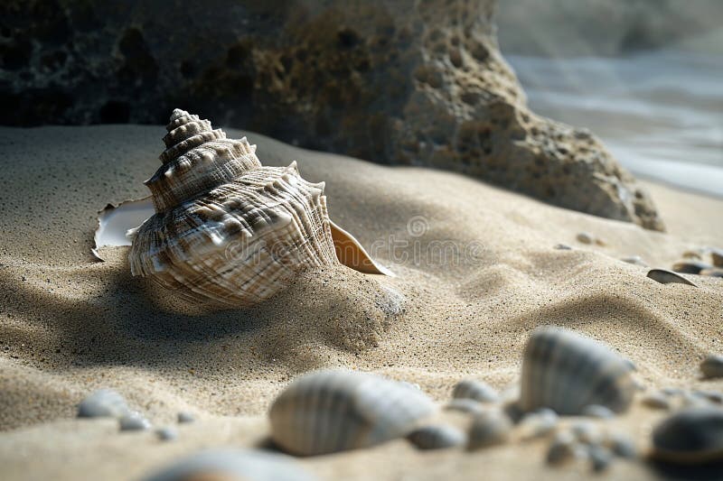 Generative AI Image of Sea Shell with Rock Stone on a Sandy Beach Stock ...