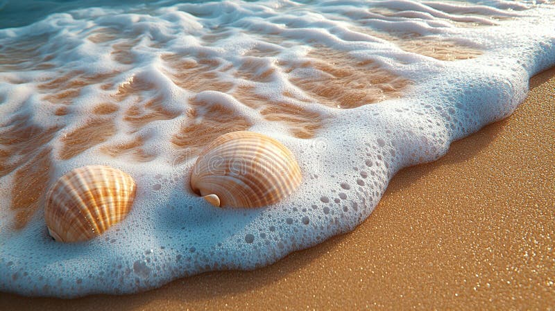 Generative AI Image of Sea Shells on the Beach with Ocean Waves in Summer Stock Illustration ...