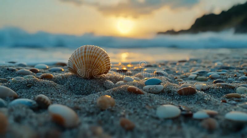 Generative AI Image of Shell on Beach Landscape with Sunset Stock ...
