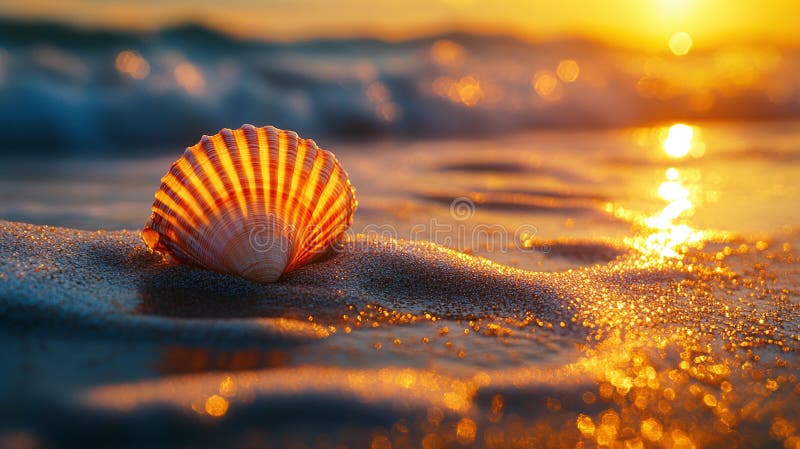 Generative AI Image of Shell on Beach Landscape with Sunset Stock ...