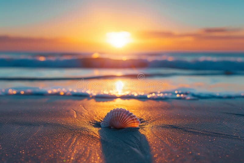Generative AI Image of Shell on Empty Beach Sand with Sunset Sunrise ...