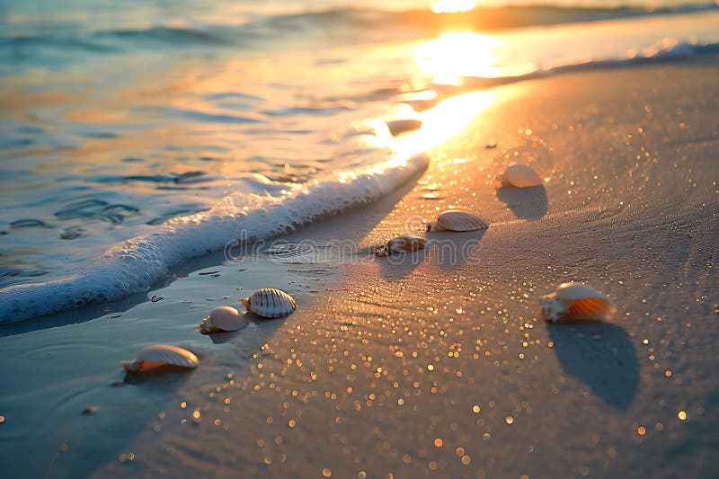 Generative AI Image of Shell on Sand Beach with Waves and Sunset Sky ...