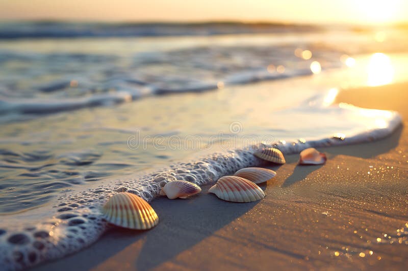 Generative AI Image of Shell on Sand Beach with Waves and Sunset Sky ...