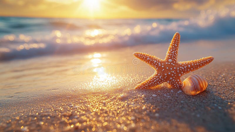 Generative AI Image of Shell and Starfish on Beach Landscape with ...