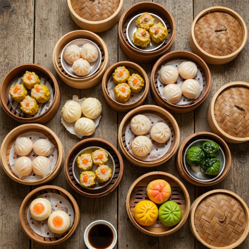 Assorted Dim Sum in Bamboo Steamers on Wooden Table Stock Illustration ...