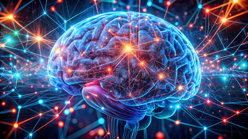 A Translucent Blue Human Brain with Bright Red and Blue Lights ...