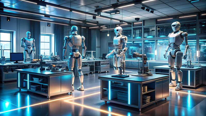 Four Humanoid Robots Stand in a Futuristic Laboratory with Blue Neon ...