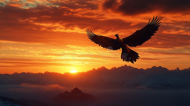 Generative AI Image of Silhouette of Phoenix Bird Flying with Mountain ...