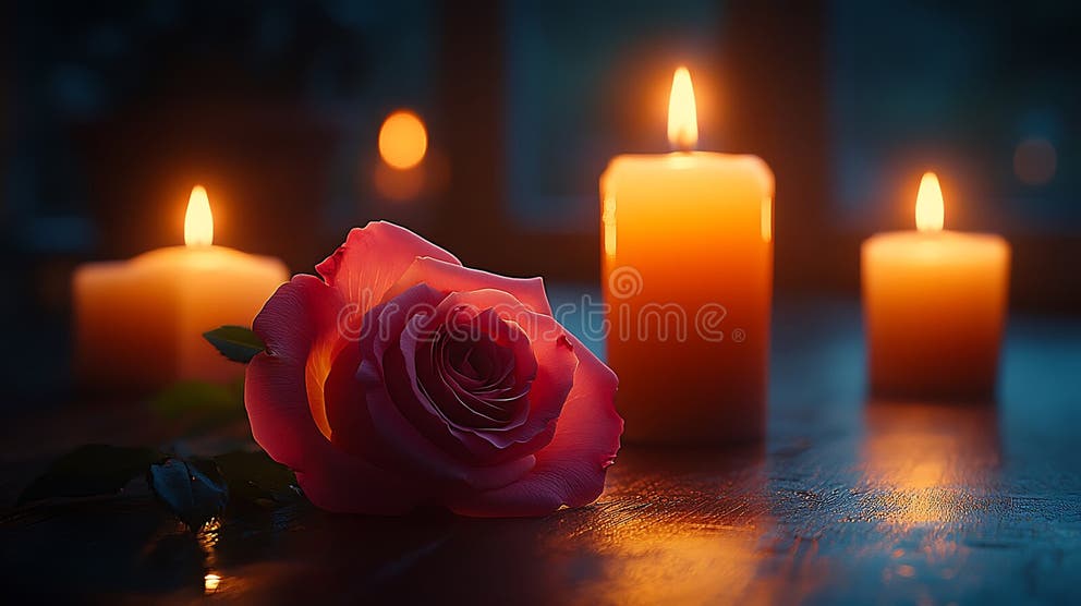 Generative AI Image of Single Red Rose with Dim Candle Light Stock ...