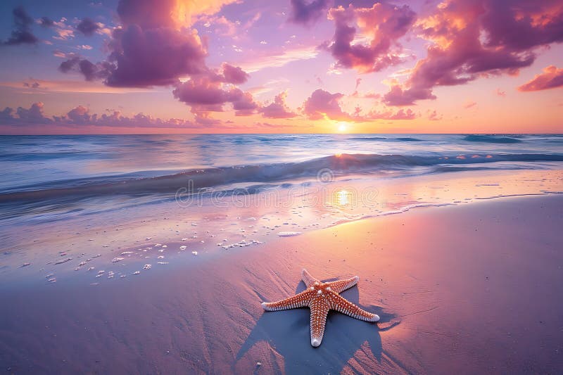 Generative AI Image of Starfish on Beach Sand with Pink Sunset Sky ...