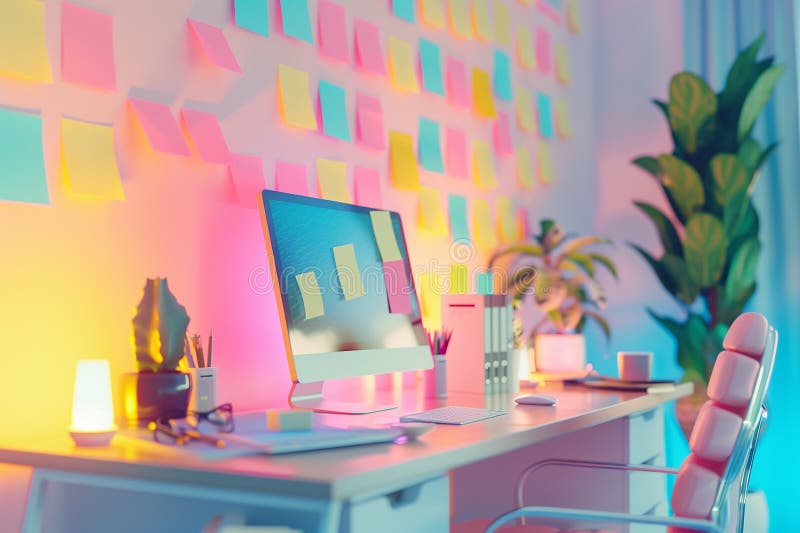 Generative AI Image of Sticky Notes Sticked on the Wall and Computer in ...