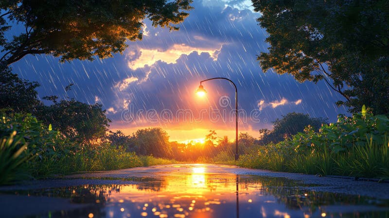 Generative AI Image of Street Lighting Lamp in Empty Road in Rain ...