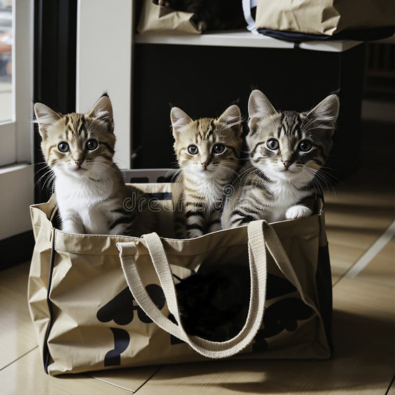 Generative AI Image of Three Cats in a Bag Stock Illustration - Illustration of adorable ...