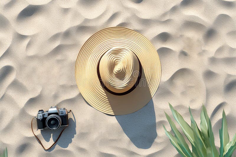 Generative AI Image of Top View of Beach Hat with Camera on Sand ...