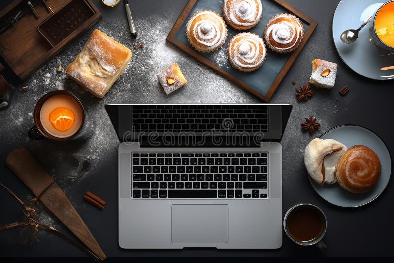 Generative AI Image of Top View of Laptop with Bread Food on Black ...