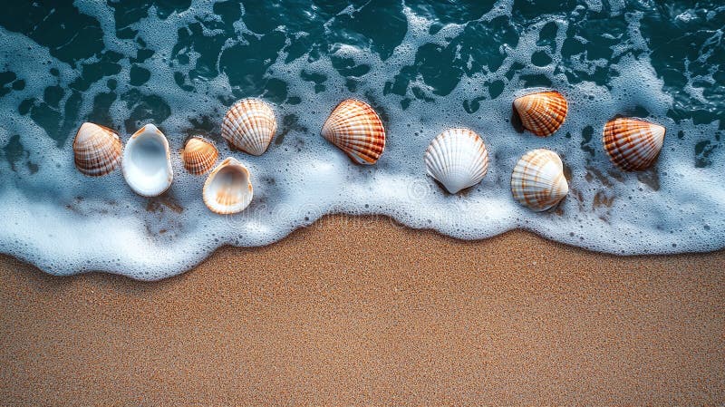 Generative AI Image of Top View of Sea Shells on the Beach with Ocean ...