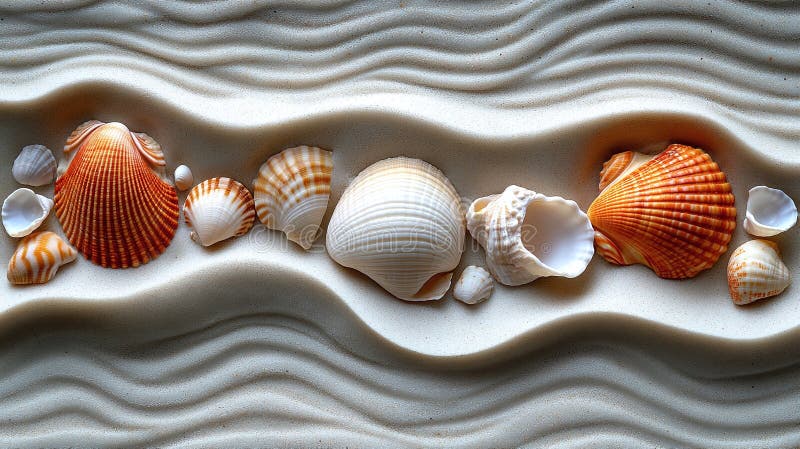 Generative AI Image of Top View of Sea Shells on the Beach with Wavy ...