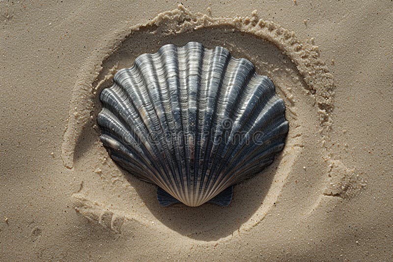Generative AI Image of Top View of Silver Sea Shell on Beach Sand Stock Illustration ...