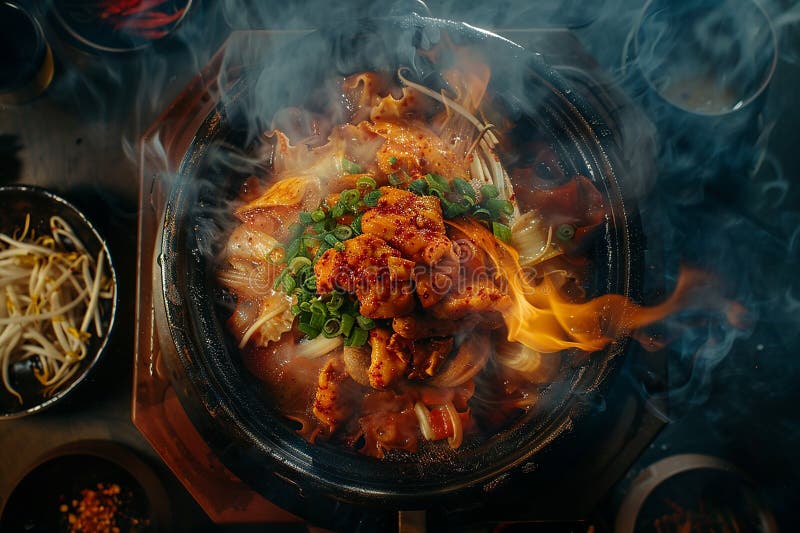 Generative AI Image of Top View of Spicy Grilled Chicken in Hot Plate ...