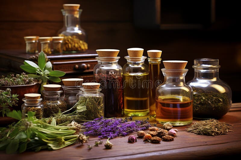 Generative AI Image of Traditional Herbal Medicine Concoction on Wooden ...