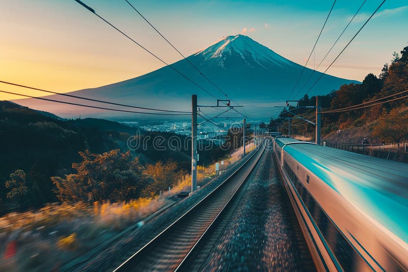 Generative AI Image of Train Passing Railway Track with Mountain Nature ...