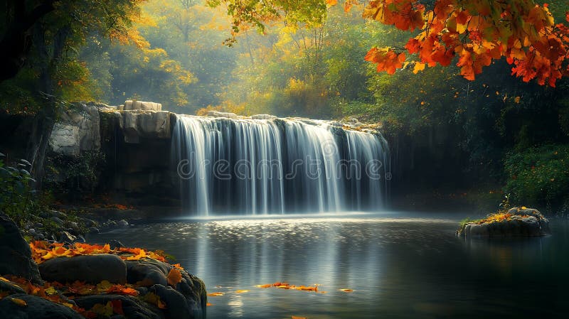 Generative AI Image of Tranquil Waterfall in the Maple Tree Forest at ...