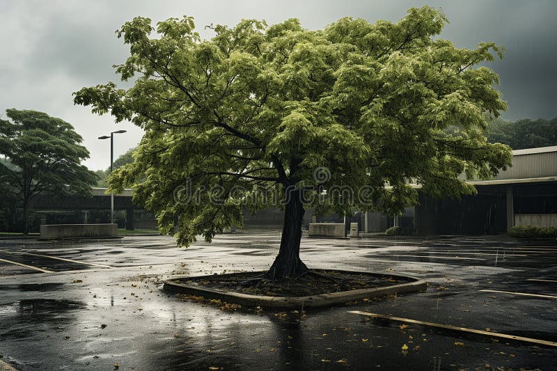 Generative AI Image of Tree in Parking Lot during Rain Stock ...