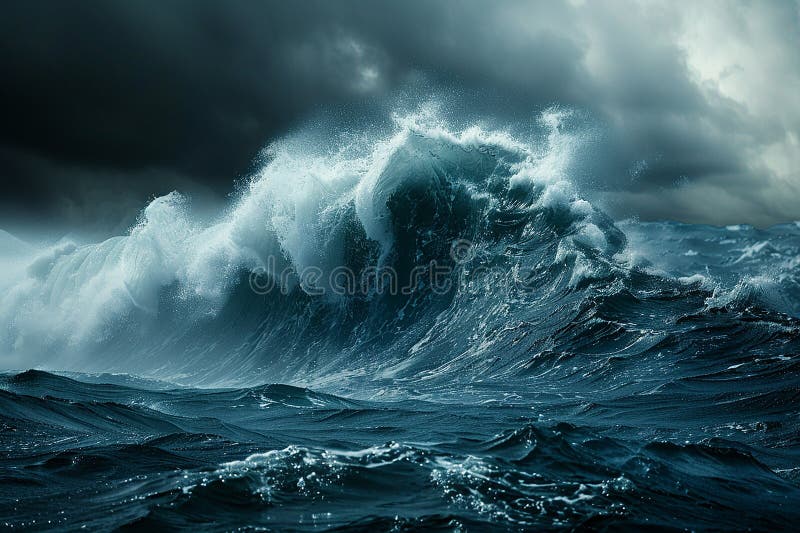 Generative AI Image of Tsunami of Big Storm Waves in Sea Ocean Under Cloudy Sky Stock ...
