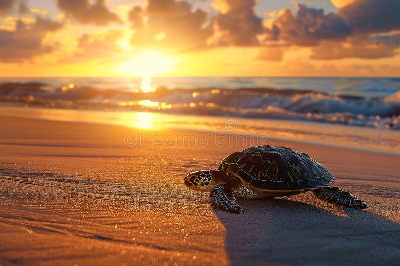 Generative AI Image of Turtle on Empty Beach Sand with Sunset Sunrise ...