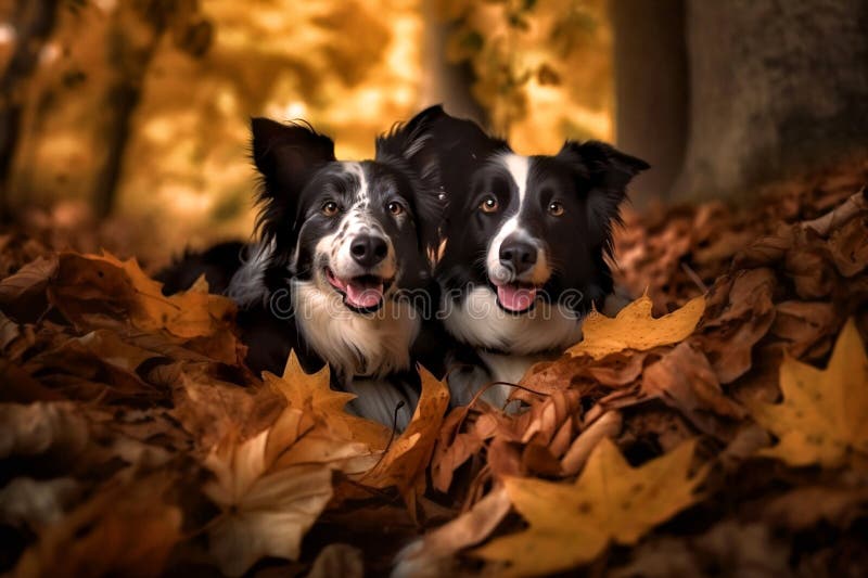 Generative AI Image of Two Border Collies in a Pile of Leaves Stock ...