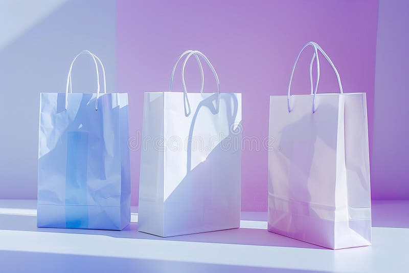 Generative AI Image of White Shopping Bags on Purple Background Stock ...